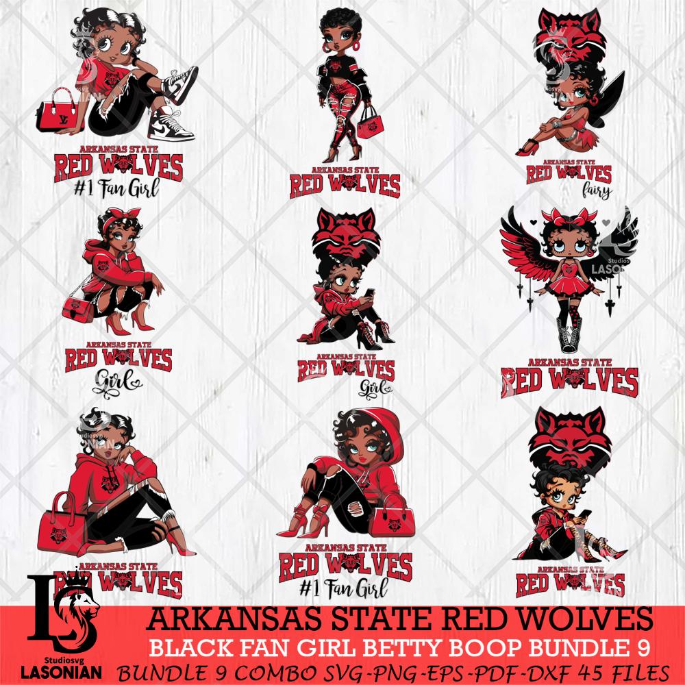 Arkansas State Red Wolves Black Fan Girl Betty Boop Bundle 9, Svg Eps ...