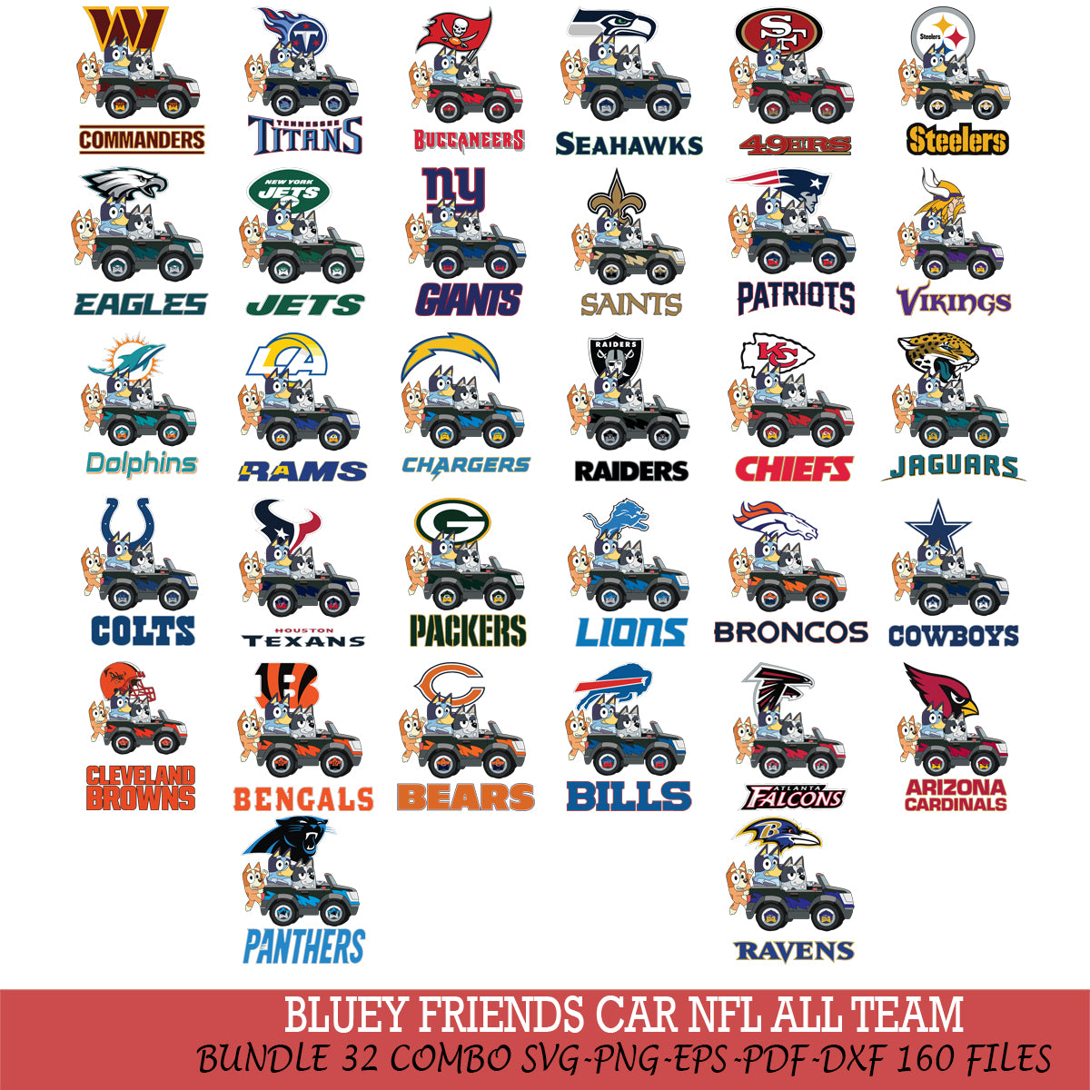 Bluey friends car NFL ALL TEAM – lasoniansvg