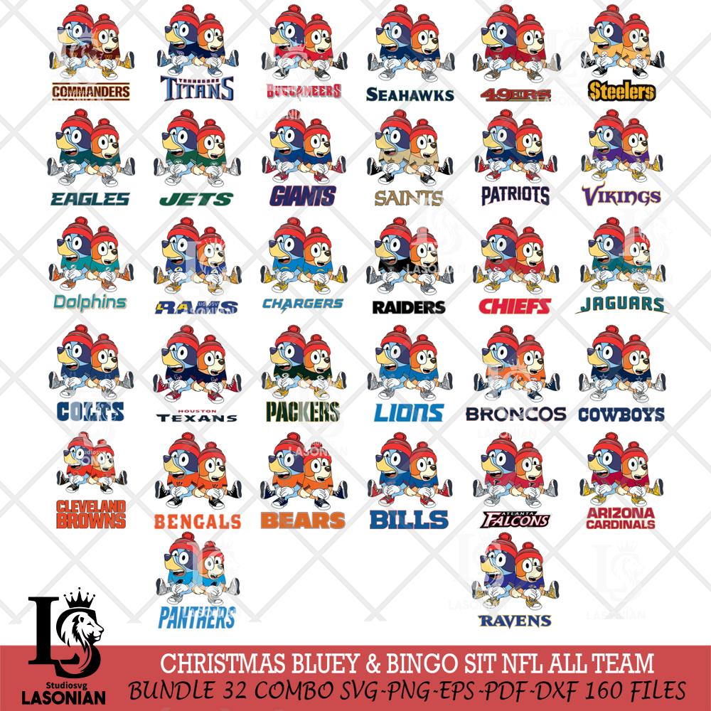 Christmas Bluey & Bingo Sit NFL ALL TEAM – lasoniansvg