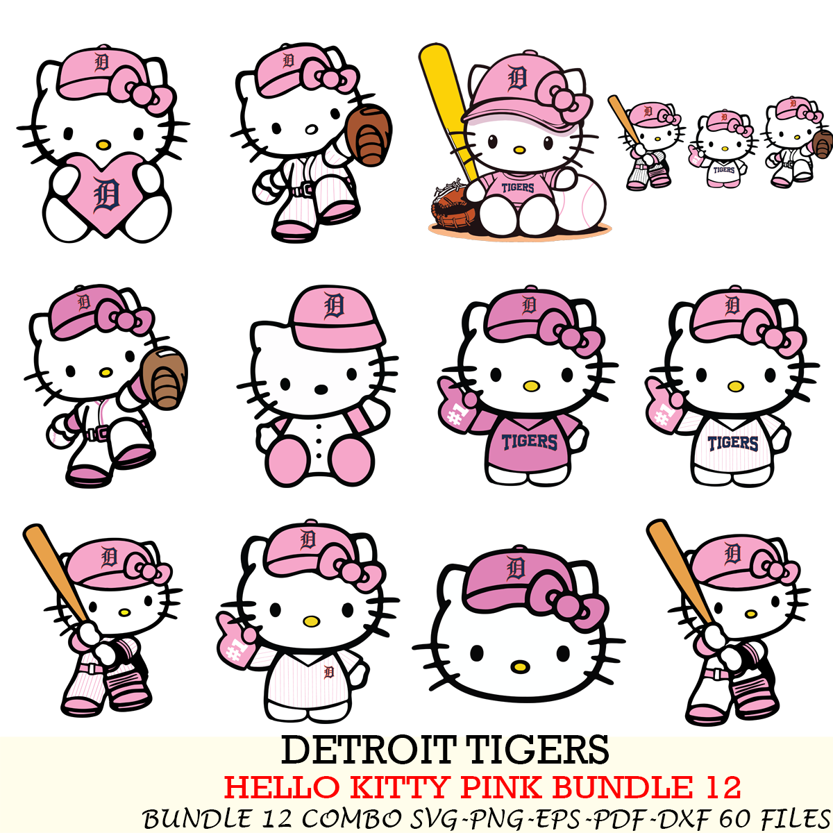Detroit Tigers Hello Kitty Pink Bundle 12 SVG – lasoniansvg