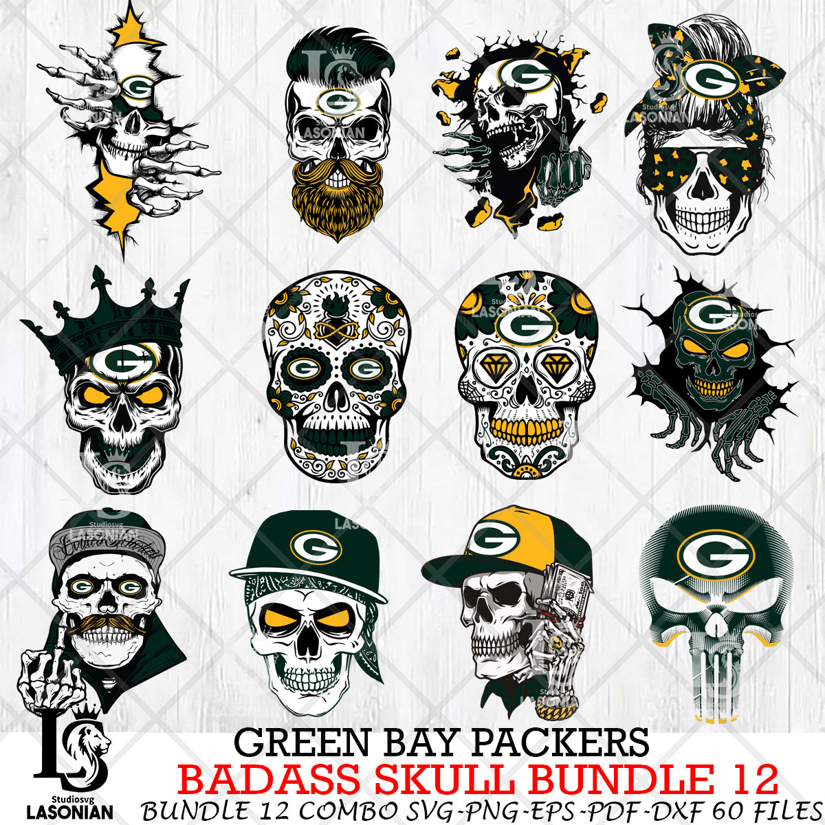 Green Bay Packers Badass Skull Bundle SVG – lasoniansvg