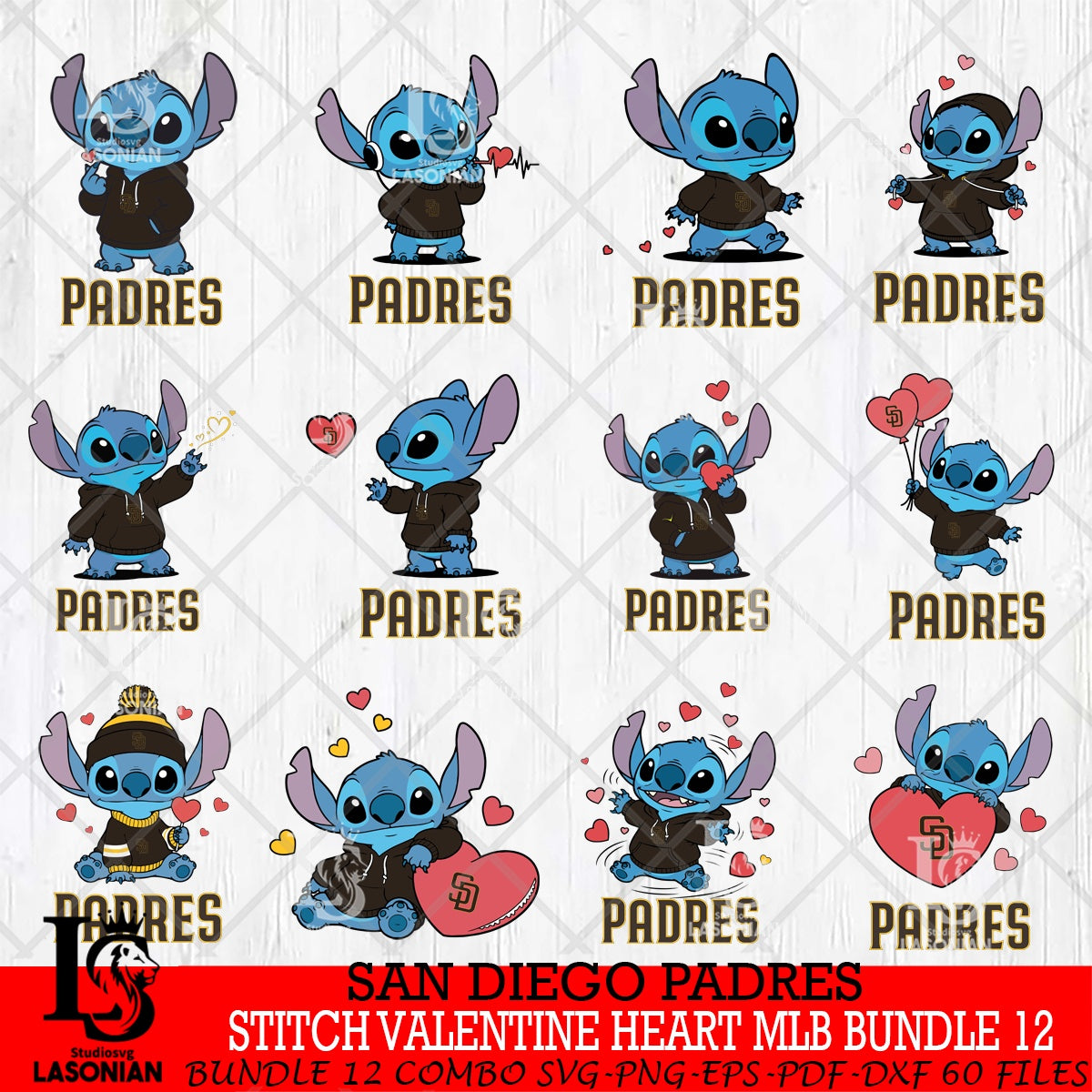 San Diego Padres Stitch Valentine Heart MLB Bundle File cut , Criucut ...