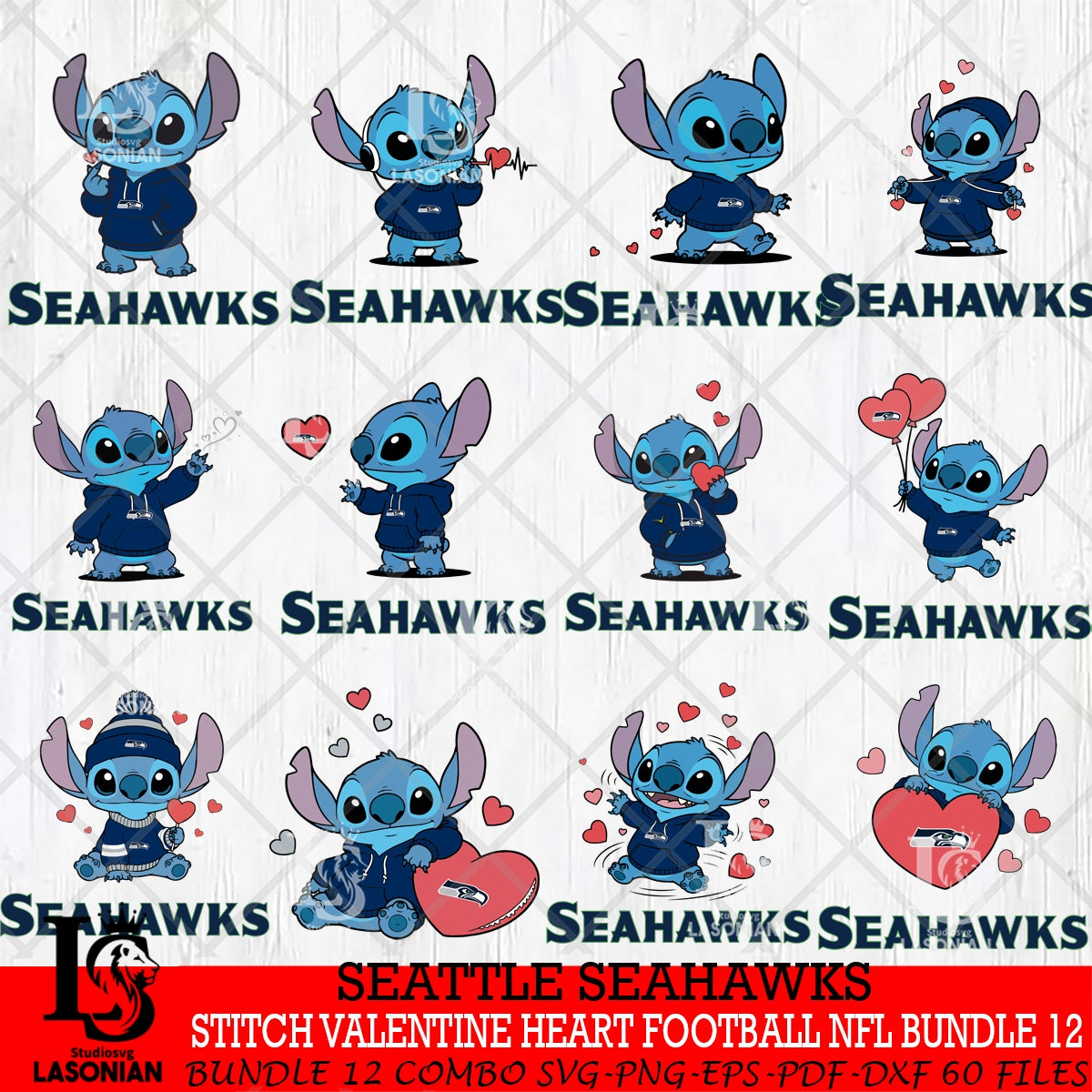 Seattle Seahawks Stitch Valentine Heart Football NFL Bundle File cut ...