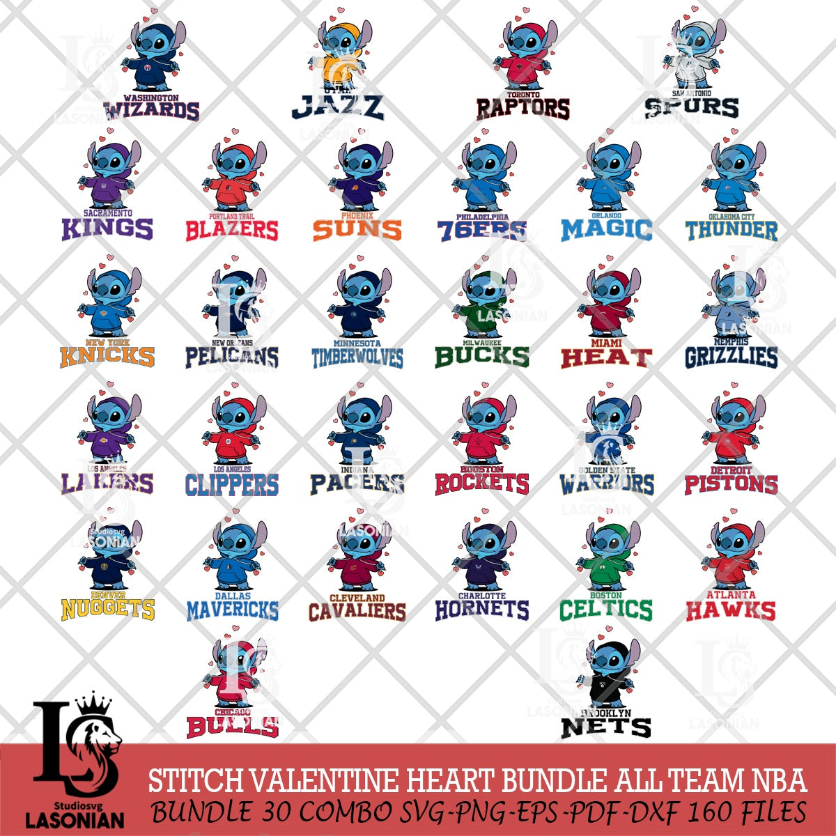 Stitch Valentine Heart Strings NBA File cut , Criucut , Digital ...